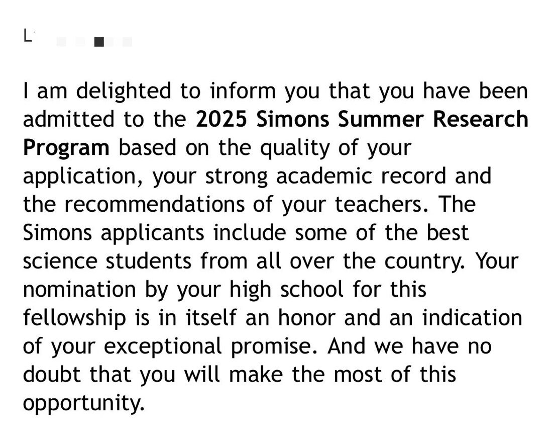 Simons Summer Research Program: IvyMax Student Admitted